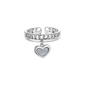 Shell Heart Charm Dangle Open Finger Ring Adjustable Open Stacking Statement Double Layer Chain Bands Fashion Promise Eternity Rings for Women Teen Girls Bride Wife Jewelry Aniversary Wedding Valentines Gifts