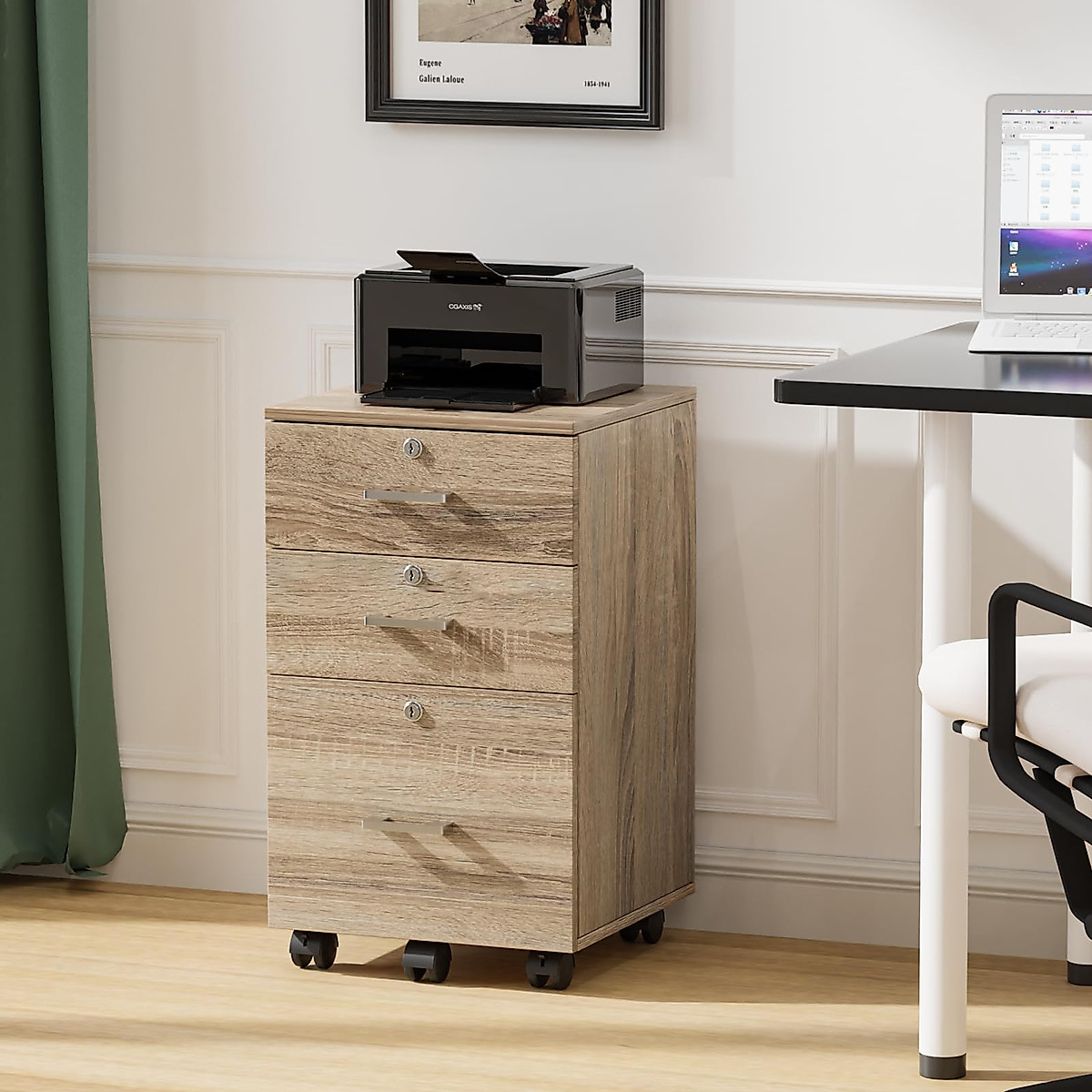 VINGLI Mobile 3 Drawer File Cabinets for Under Desk, Wooden Filing Cabinets for Home Office, Printer Stand & File Cabinet with Lock, 26-in H(Caster Included), Oak
