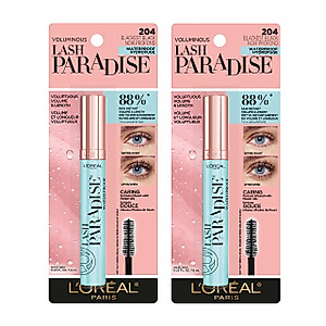 L'Oreal Paris Voluminous Makeup Lash Paradise Waterproof Mascara, Voluptuous Volume, Intense Length, Feathery Soft Full Lashes, No Smudging, No Clumping, Black, 0.25 Fl Oz (Pack of 2)