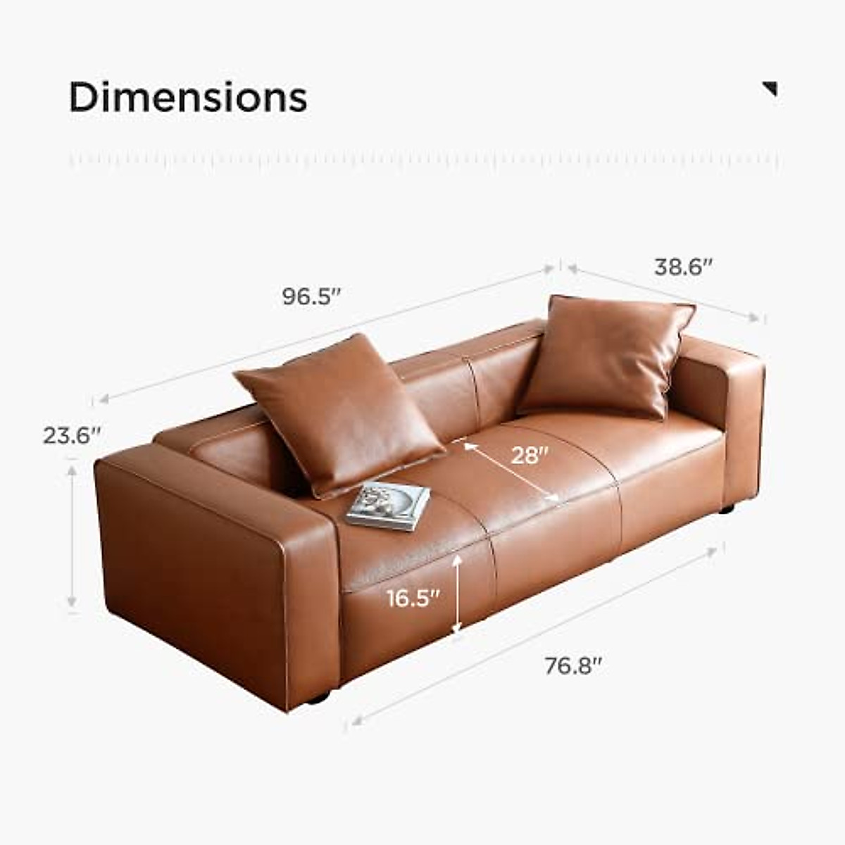 Acanva Luxury Mid-Century Modern 3-Seater Lounge Sofa with Extra-Wide Armrest Seat for Living Room Apartment Dorm Bedroom Office, Leather Couch, Brown