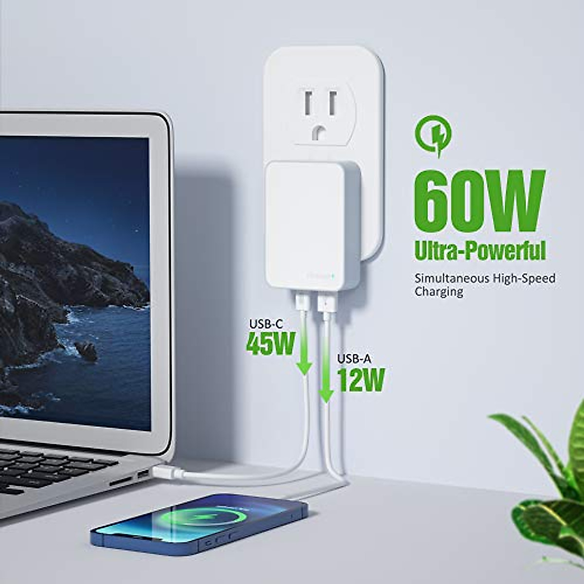 Nekmit USB C Charger, 60W Slim Fast Wall Charger Foldable for Travel, Thin Flat Dual Port with PD 3.0 & GaN Tech for Laptops, MacBook, iPad Pro, iPhone 14/14 Pro / 14 Pro Max, Pixel, Galaxy