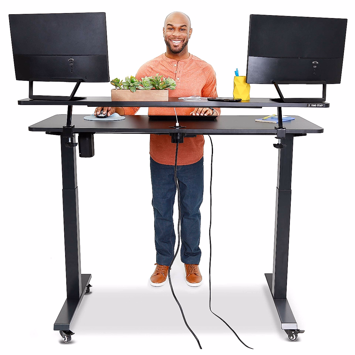 Stand Steady Tranzendesk Power | 55 Inch Electric Standing Desk with Built-In Charging | Height Adjustable Sit to Stand Desk | Electronic Standing Workstation with 1 AC Outlet & 2 USB Ports (55/Black)