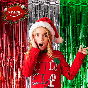 LOLStar 5 Pack Christmas Foil Fringe Curtains Christmas Party Decoration 3.3 X 6.6 ft Red Silver Green Tinsel Fringe Party Photo Backdrop Streamer Backdrop for Christmas, New Year, Ugly Sweater Party