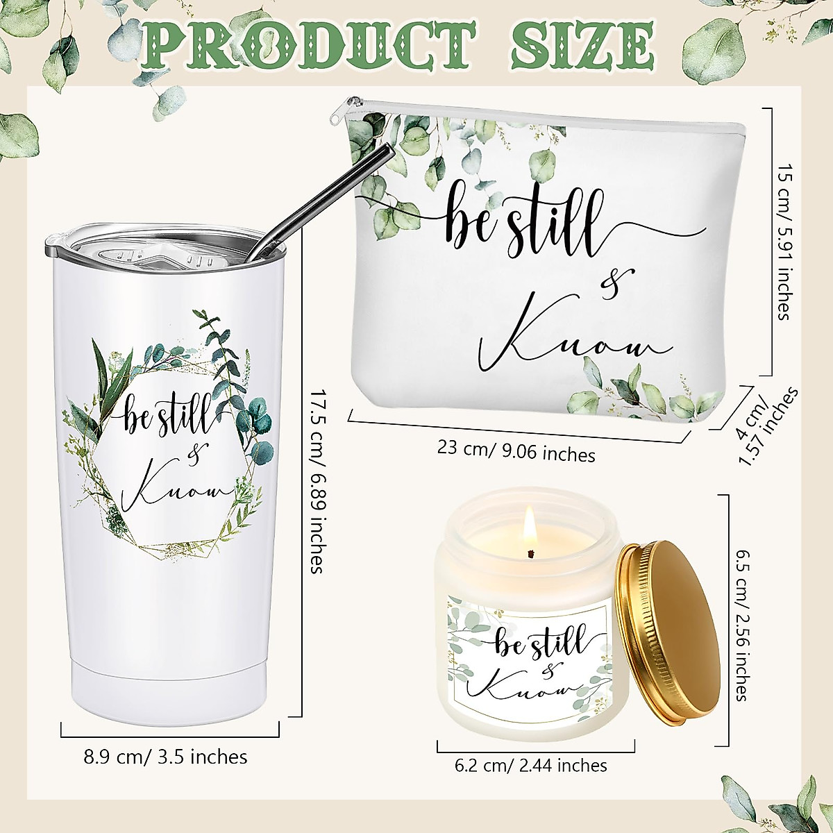 Sieral 3 Pcs Christian Gifts for Women Faith Be Still and Know Be Strong and Courageous Inspirational Travel Mug Tumbler Christian Prayer Candle Religious Bible Verse Cosmetic Bag for Mother(Still)