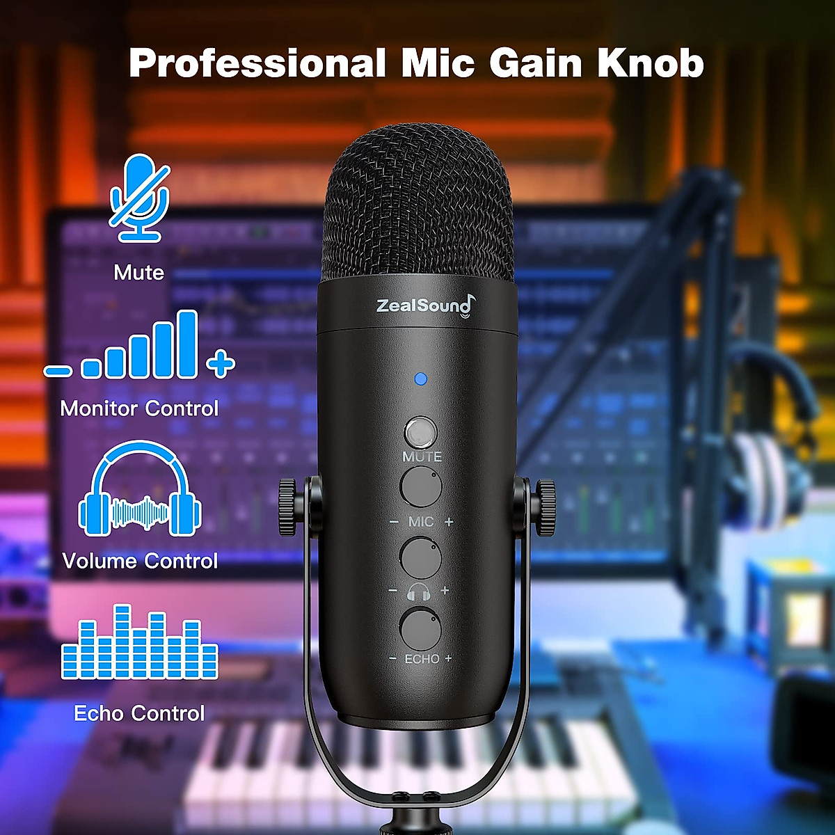 ZealSound Gaming Microphone Kit,Podcast Condenser USB Mic with Boom Arm,Supercardioid Microphone with Mute Button,Echo Volume Gain Knob,Adjust Monitor for Phone PC Computer (Black)