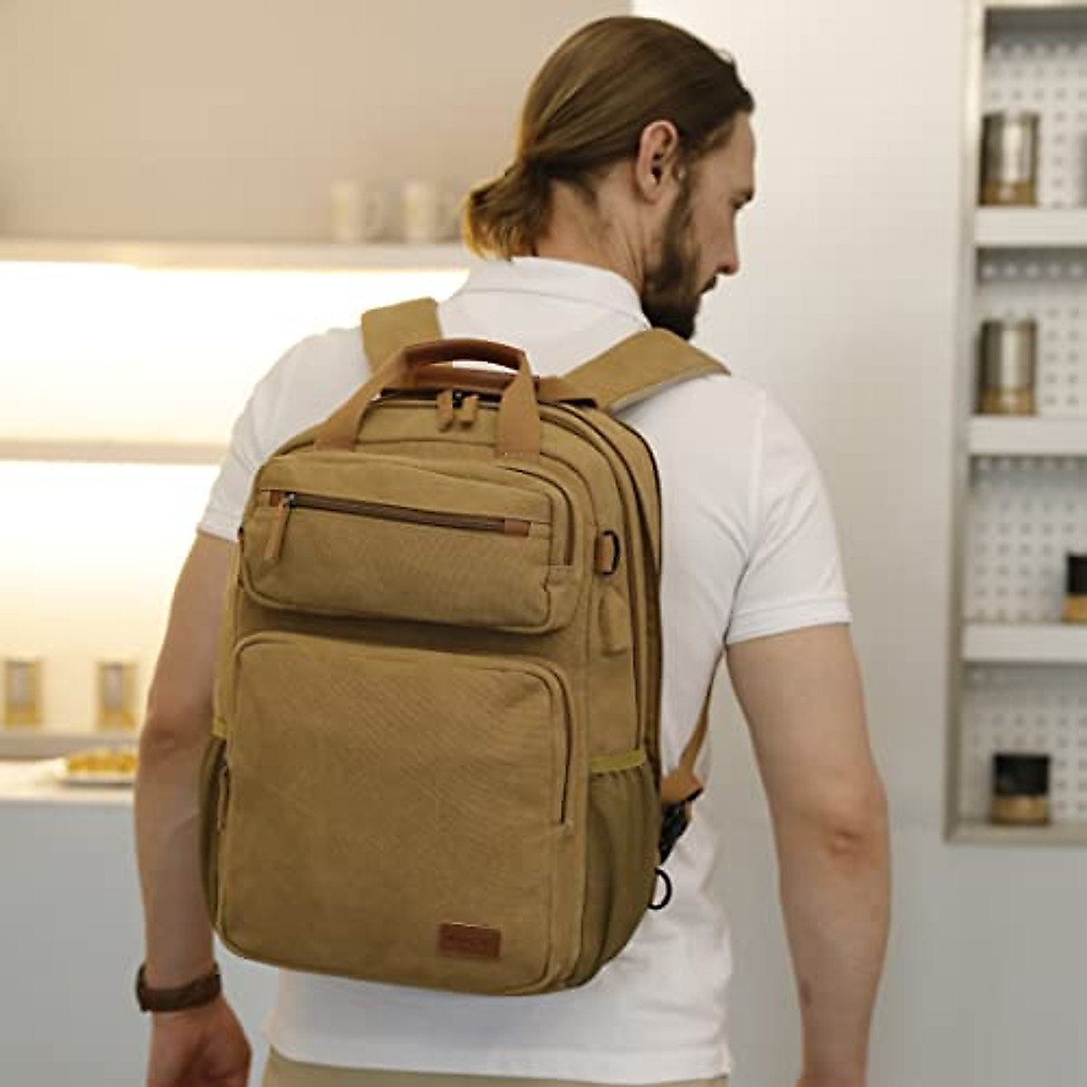 NOHCLIE Canvas Vintage Backpack Convertible Messenger Bag with USB Charging Port- for School Hiking Travel 15.6'' Laptop (Medium, Brown)