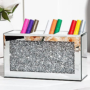 SHYFOY Mirrored Makeup Brush Holder Organizer, 3 Slot Glass Cosmetics Brushes Storage Holders with Crystal Crushed Diamond, Cute Pen and Pencil Holder for Desk, Eyeliners Display Case for Vanity