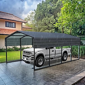 12x20 Ft Metal Carport, Heavy Duty Car Port with Galvanized Steel Roof, Outdoor Car Garage, Large Carport Canopy, Steel Car Shelter for Car, Boats and Truck, Charcoal Black
