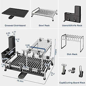 Dish Drying Rack, Aluminum 2-tier Multifunctional 7-in-1 Dish Racks for Kitchen Counter with Drainboard, Rustproof Detachable Large Capacity Dish Drainer with Wine Glass Holder, Utensil&knife Holder