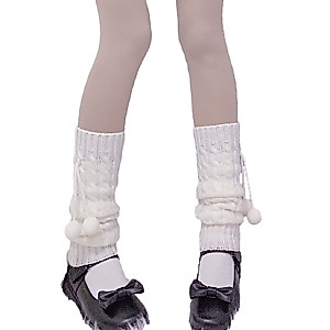 Jilneed Long Leg Warmers for Women Lolita Fashion Wool Cable Knit Thigh High Leg Warmers Loose Socks (White)