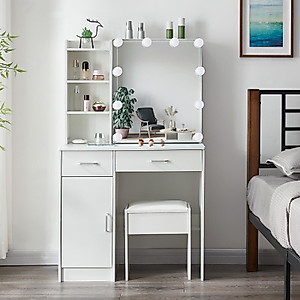 Xinhonglei Modern Makeup Vanity Desk with Lights, Vanity Table with Lighted Mirror, White Vanity Set Dressing Table with 2 Drawers and a Cabinet for Bedroom