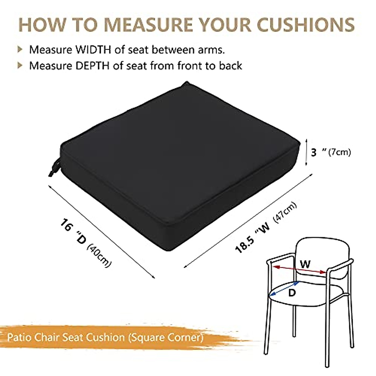 RACE LEAF Patio Seat Cushions 16"x18.5"x3" Square Corner - Set of 2, Black - Indoor/Outdoor Chair Cushions with Invisible Zipper, Water-Resistant Chair Seat Cushion with Ties for Non-Slip Support