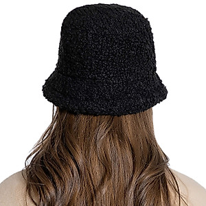 Womens Winter Bucket Hat Vintage Cloche Hats Warm Faux Fur Wool Outdoor Packable Fisherman Cap Black