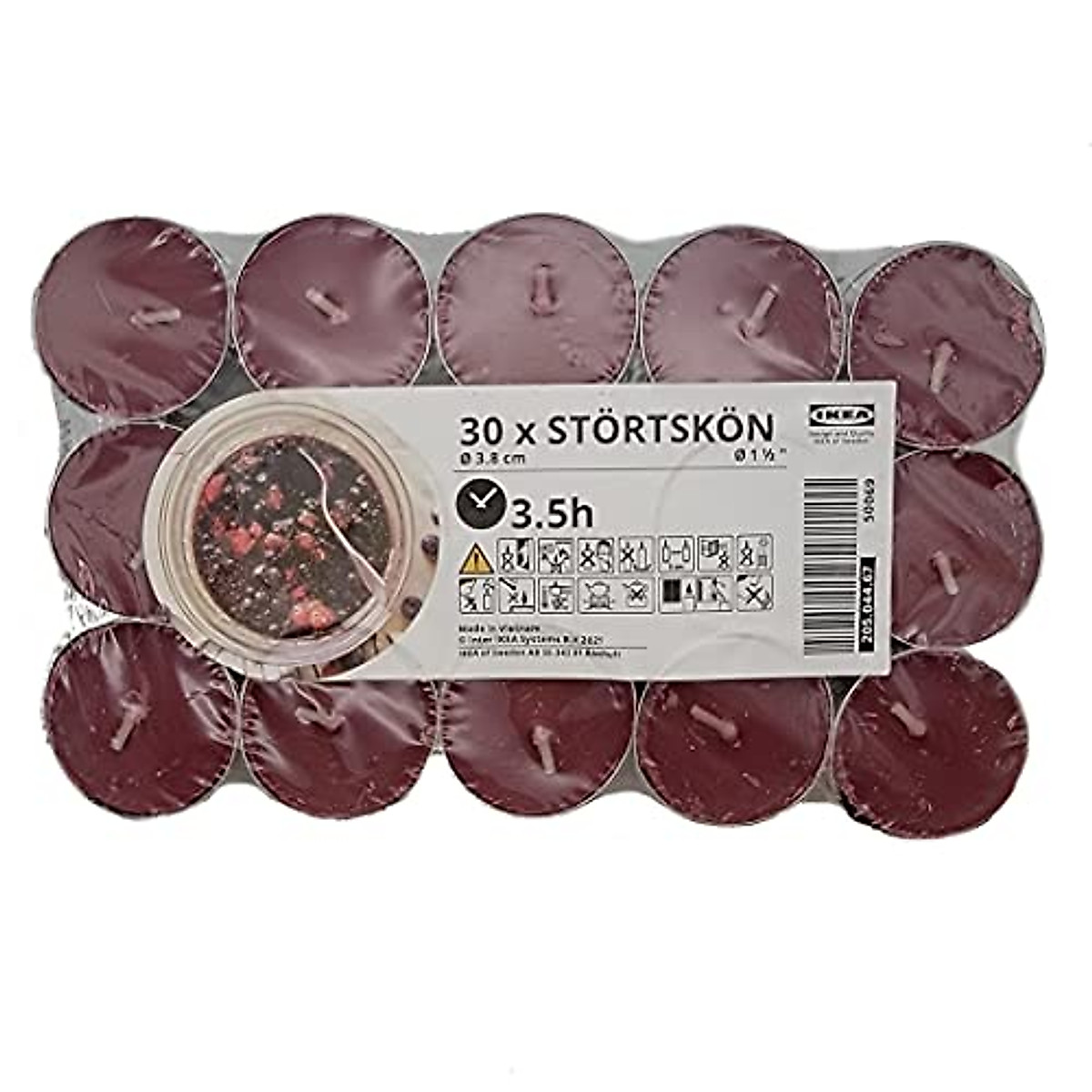 STORTSKON 205.044.67, 30 Pack, Berries, Leafy Greens & Violets Scented Tealight Candles, Dark Red, 3.5 Hours,1.5"