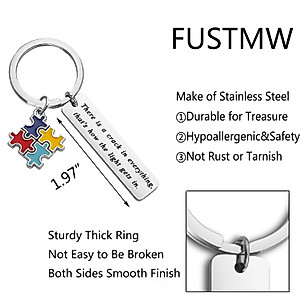 FUSTMW Autism Awareness Keychain Gift Puzzle Piece Charm Autism Mom Inspirational Gift for Autistic Teen There is a crack in everything that is how the light gets in (silver)