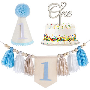 Lucky one First Birthday Decorations Banner for Boy, Cute Birthday Decorations Handmade High Chair Banner, Cake Topper Party Decor Baby Boy 1st Birthday Party Supplies