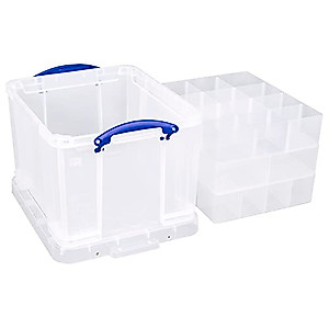 Really Useful Plastic Storage Box 35 Litre with 3 Trays 1x6 + 1x12 + 1x16 Compartments Clear