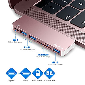 RayCue USB C Hub Adapter for MacBook Pro/Air M1 M2 M3 2023-2016, 6 in-1 USB-C Accessories Compatible with MacBook Pro 13″ and 15″ with 3 USB 3.0 Ports, TF/SD Card Reader, USB-C Power Delivery (Pink)