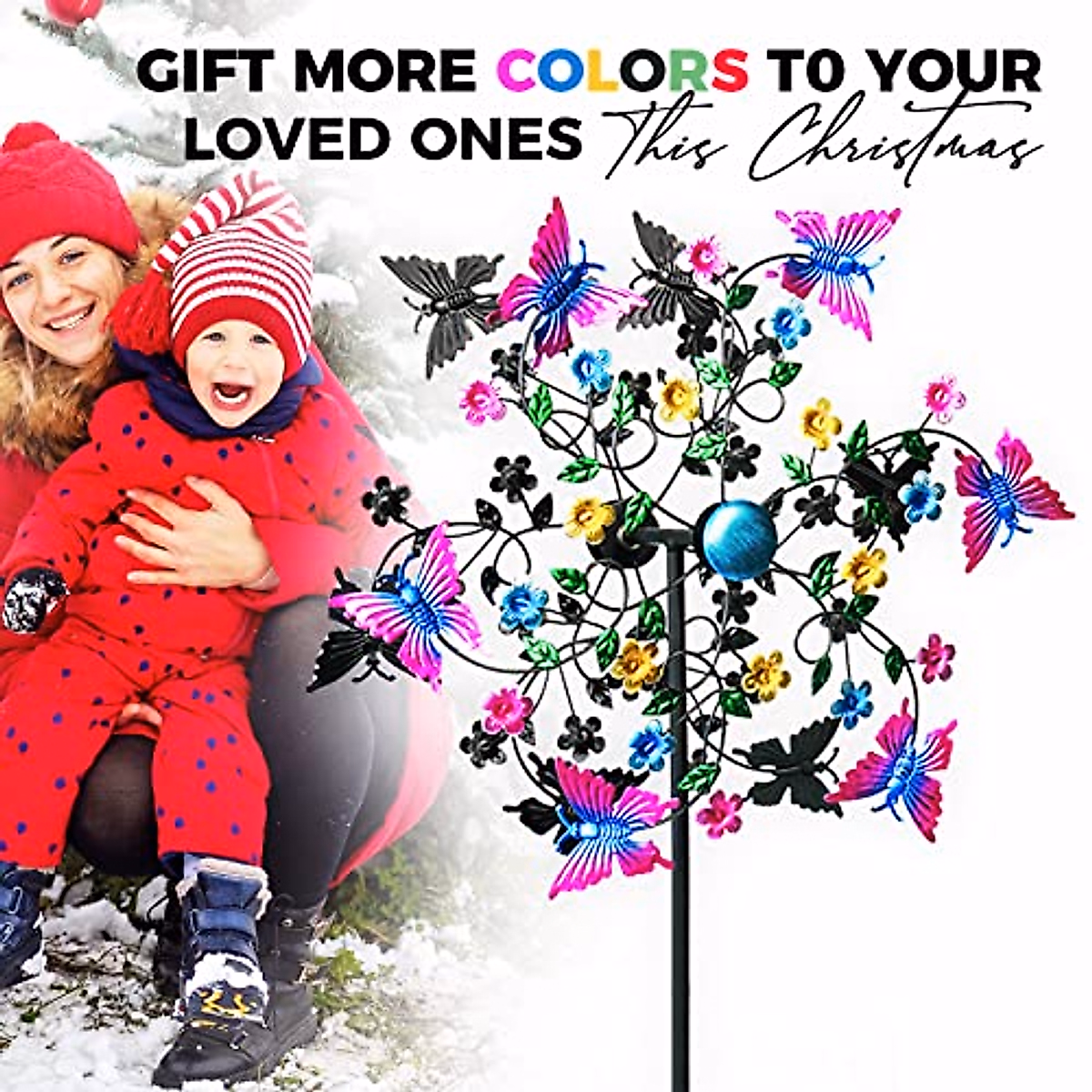 Ironic Wind Spinners with Willow Butterfly Including Colorful Metal Petals-Enhance Decoration of Yard and Gardens- Dual-Direction 60 Inches Height Spinner - Decor with Statues and Sculptures