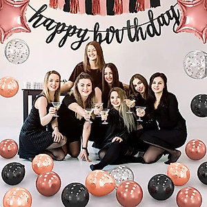 Black Rose Gold Birthday Party Decorations - Glittery Black Happy Birthday Banner(Pre-Strung), Tissue Paper Tassels Garland and Foil Confetti Balloons for Women Girls(Black Rose Gold).