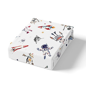 Cute Robot Rocket Fitted Sheet Twin Size,Kids Astronaut Universe Exploration Bedding Set for Boys Teens Bedroom Decor,Cartoon UFO Starry Sky Galaxy Bed Sheet Soft White Deep Pocket Sheet 2Pcs