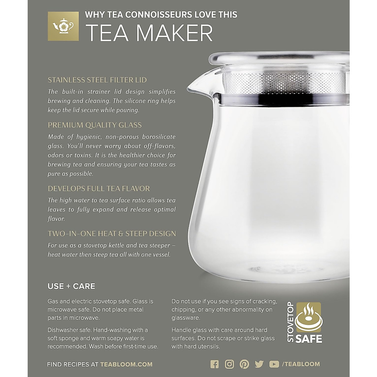 Teabloom One-Touch Tea Maker, 2-in-1 Teapot and Kettle with Stainless Steel Filter Lid for Loose Tea – Stain-free Borosilicate Glass Tea Pot (15 Oz) – Tea Connoisseur's Choice