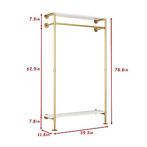 HOMEKAYT Industrial Pipe Clothing Rack Wall Mounted Garment Rack with 2-tier Wooden Shelves Vintage Hanging Rack for Bedroom, Living room-Gold