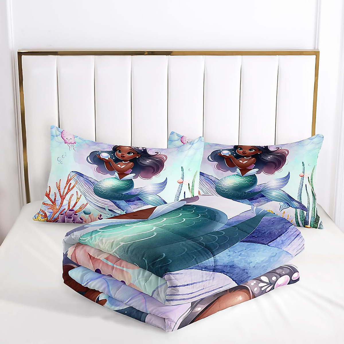 AILONEN Little Black Girl Mermaid Comforter Set Full Size, Kawaii Mermaid with Dolphin Bedding Set for Kids Girl,Ocean Theme Duvet Set,1 Quilt Set and 2 Pillowcases,3PCS
