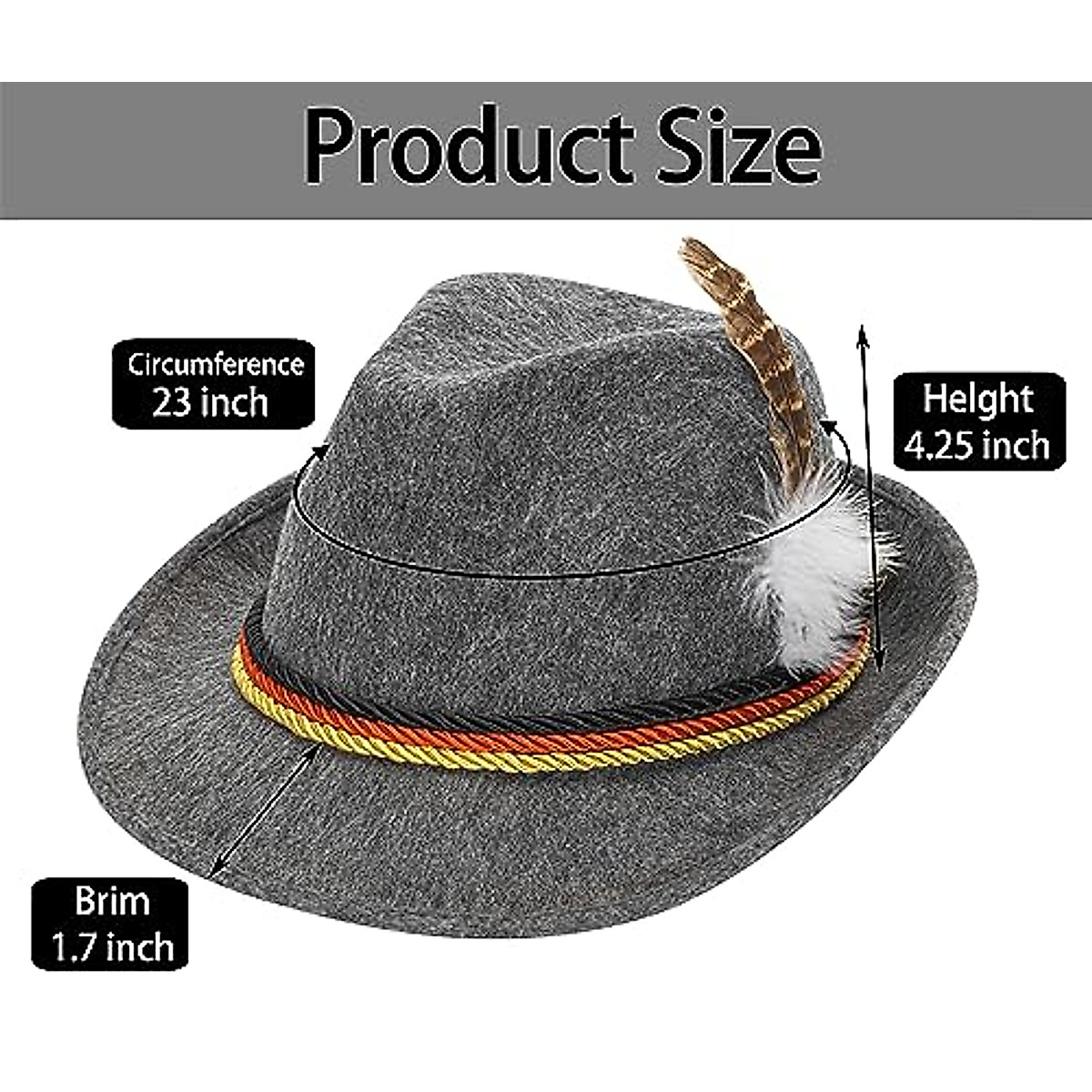 NociHah Men German-Oktoberfest-Alpine-Fedora-Hat - Women Bavarian Swiss Traditional Felt Costume Hat with Feather for Oktoberfest Party(S-M)
