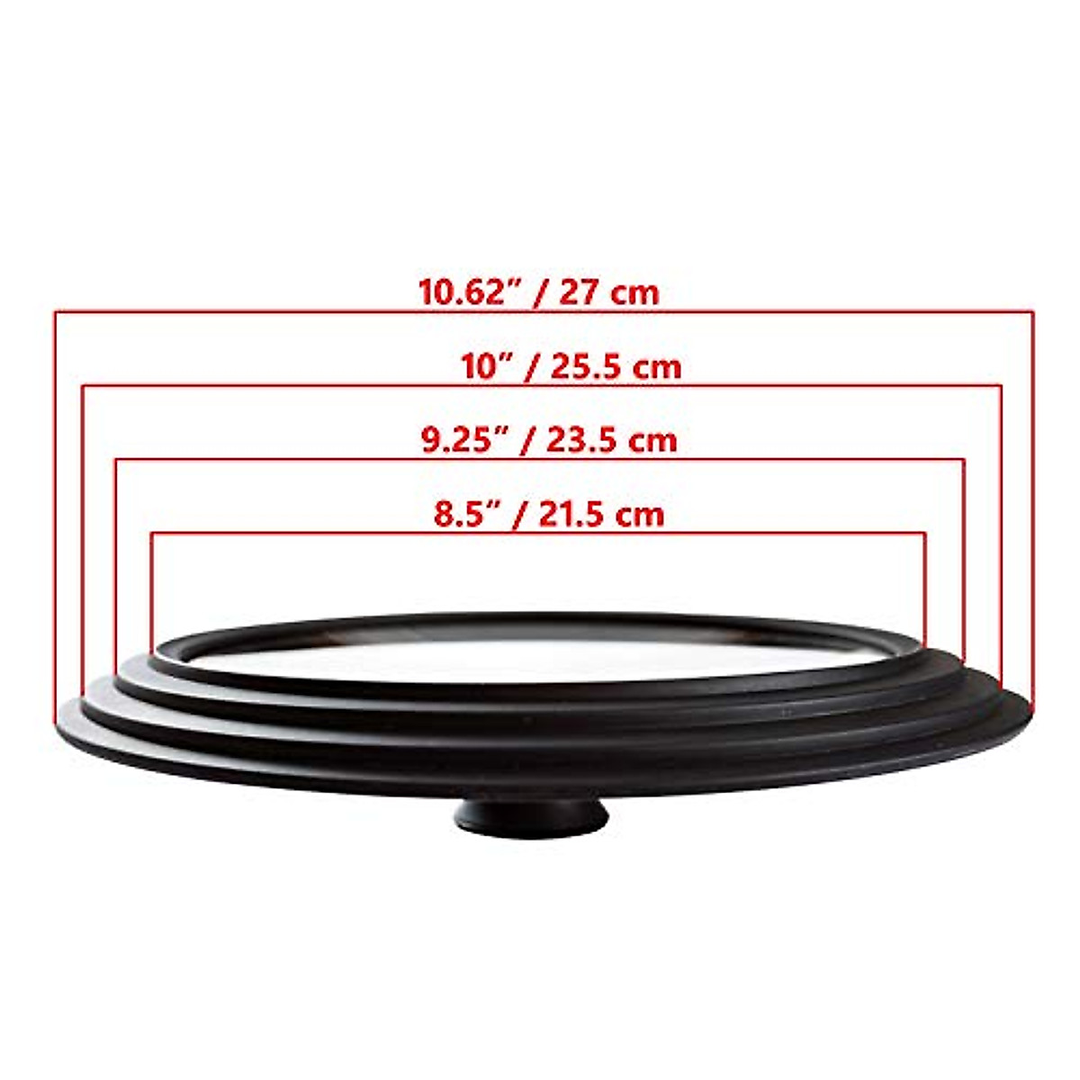 Glass Lid Universal - Graduated Kitchen Lids Multisize 8.5” / 21.5 cm, 9.25” / 23.5 cm, 10” / 25.5 cm (outer edges 10.6” / 27 cm) Diameter for Pots and Pans, Heat Resistant Silicone Rim, Round Black