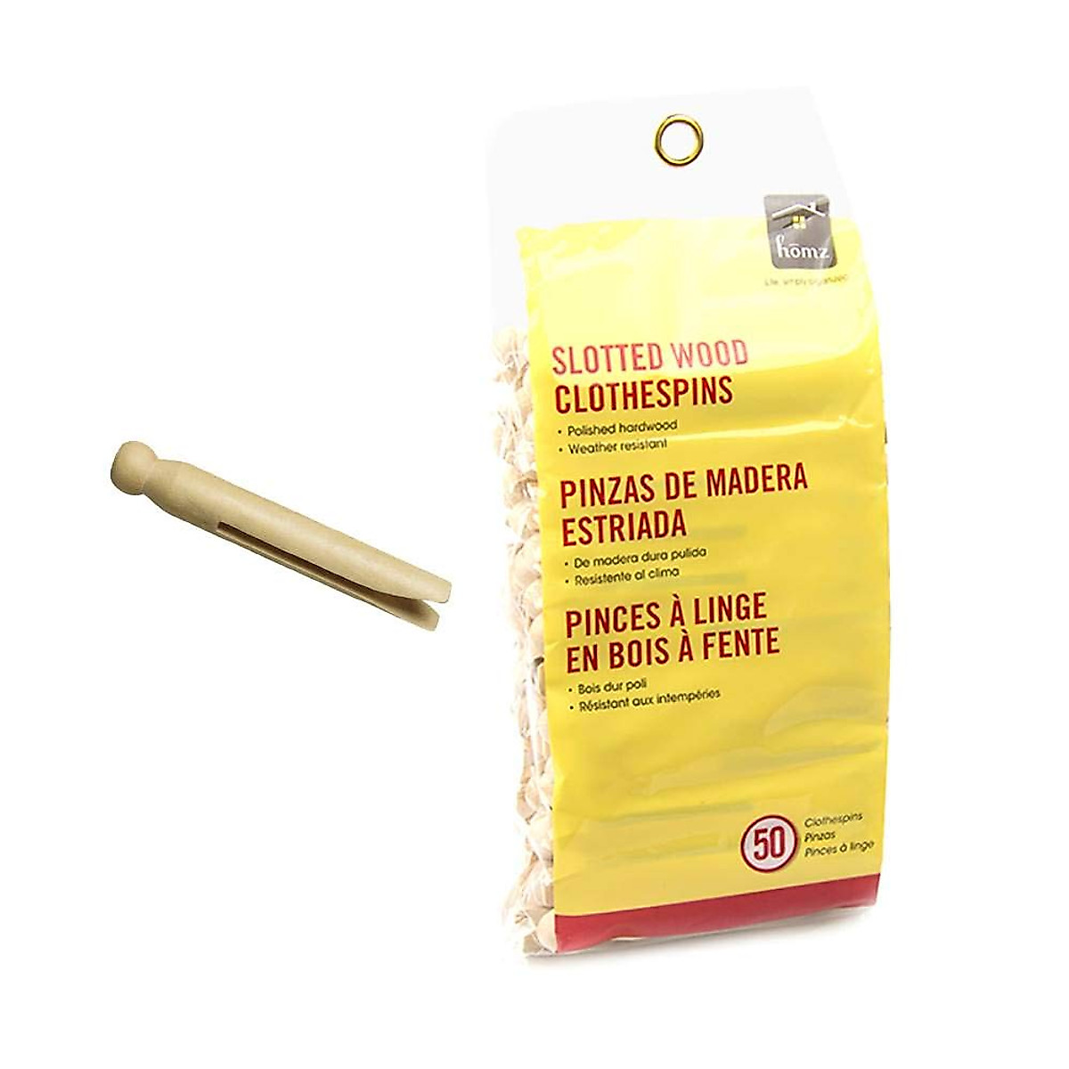 Homz 50 Count Round Slotted Wood Clothes Pins, Laundry, Arts, Crafts, Decoration, 4.5 x .5 Inches