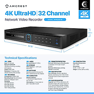 Amcrest 4K NV4232-EI 32CH AI NVR, Smart NVR, Facial Recognition, Facial Detection & Vehicle Detection - Supports 32 x 4K IP Cameras, Supports 2 x 16TB HDD (Not Included) (No PoE Ports Included)