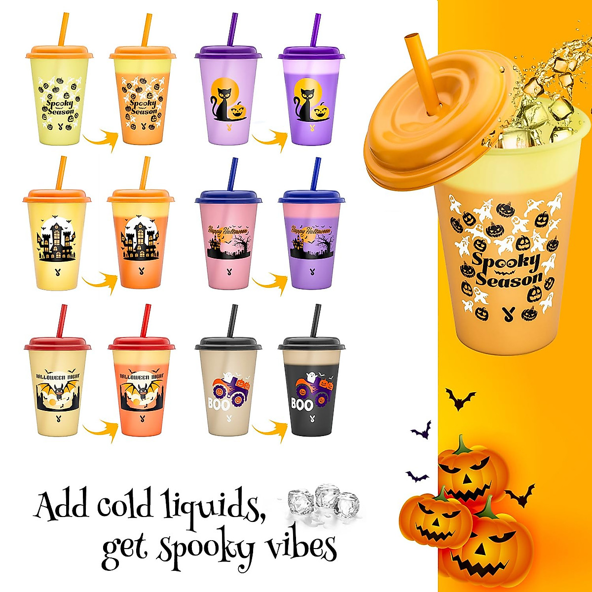 Meoky Halloween Decorations, Color Changing Cups with Lids and Straws - 6 Pack 12 oz Plastic Tumblers Bulk, Kids Cups for Halloween Party Favors