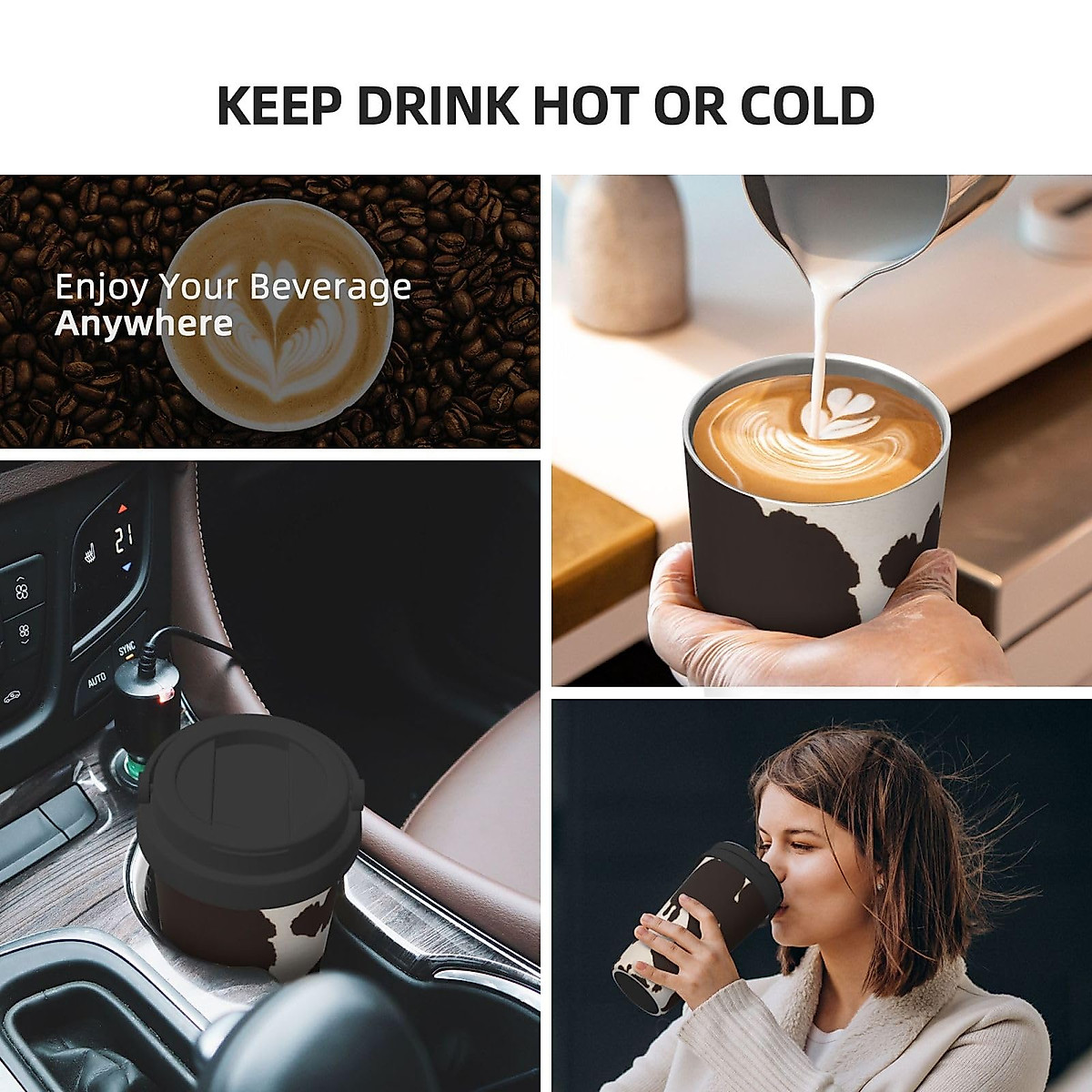 Insulated Coffee Mug Cow Fur Print 17oz Double Wall Vacuum Stainless Steel Tumbler With Leak-Proof Lid And Handle, Cute Travel Thermos Mug For Cold Hot Drinks