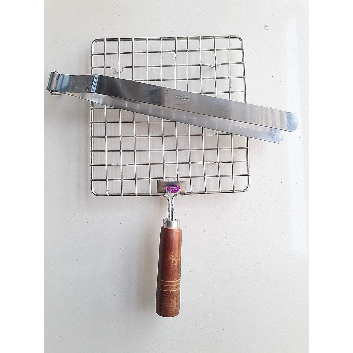 Tuelip Stainless Steel Wire Roaster & Tong, Papad Jali, Wooden Handle Roasting pan