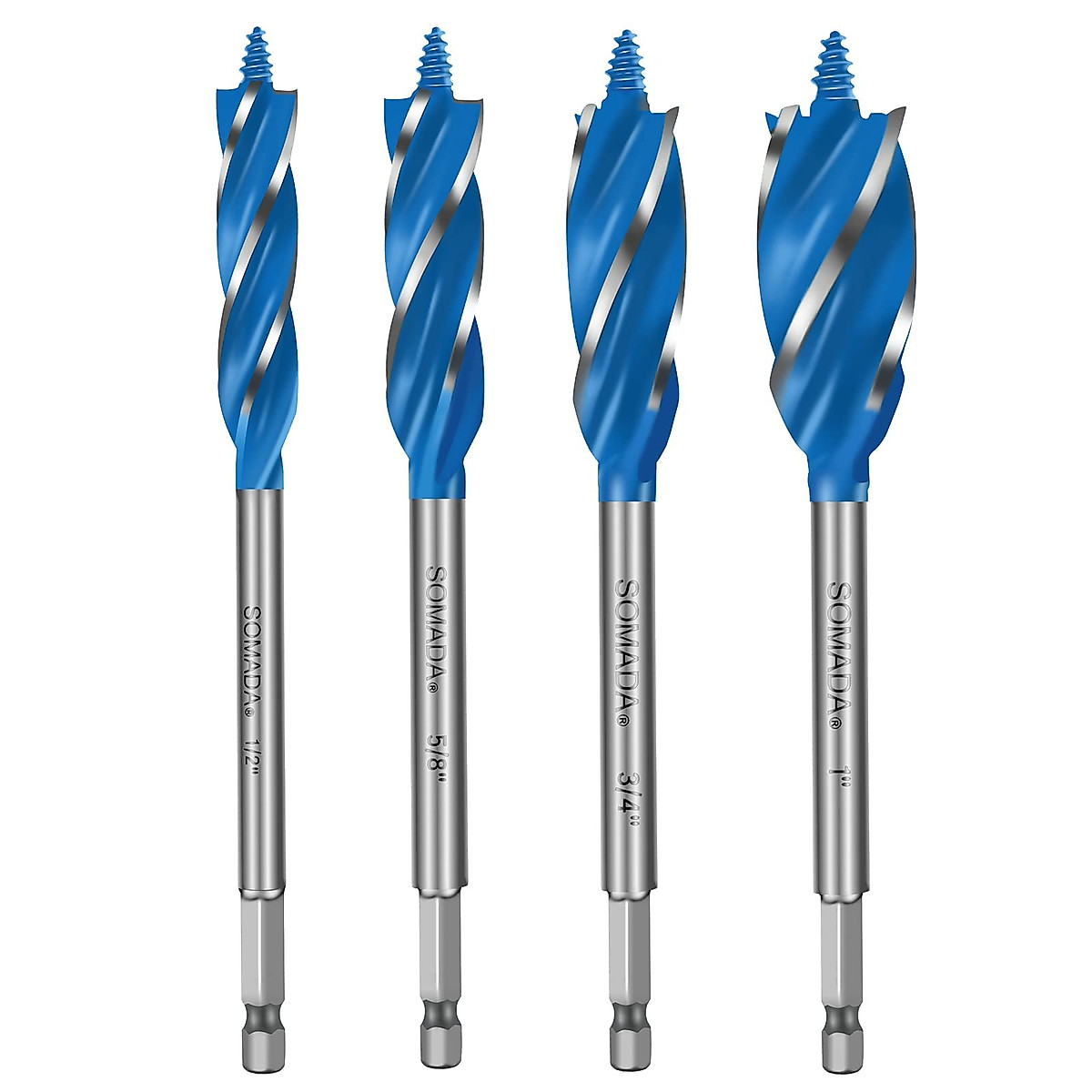 SOMADA Auger Drill Bit Set for Wood, 4-Piece, 1/2", 5/8", 3/4" and 1" Inch Size, 6-Inch Long Impact Wood Auger Set with Quick Change hex Shank