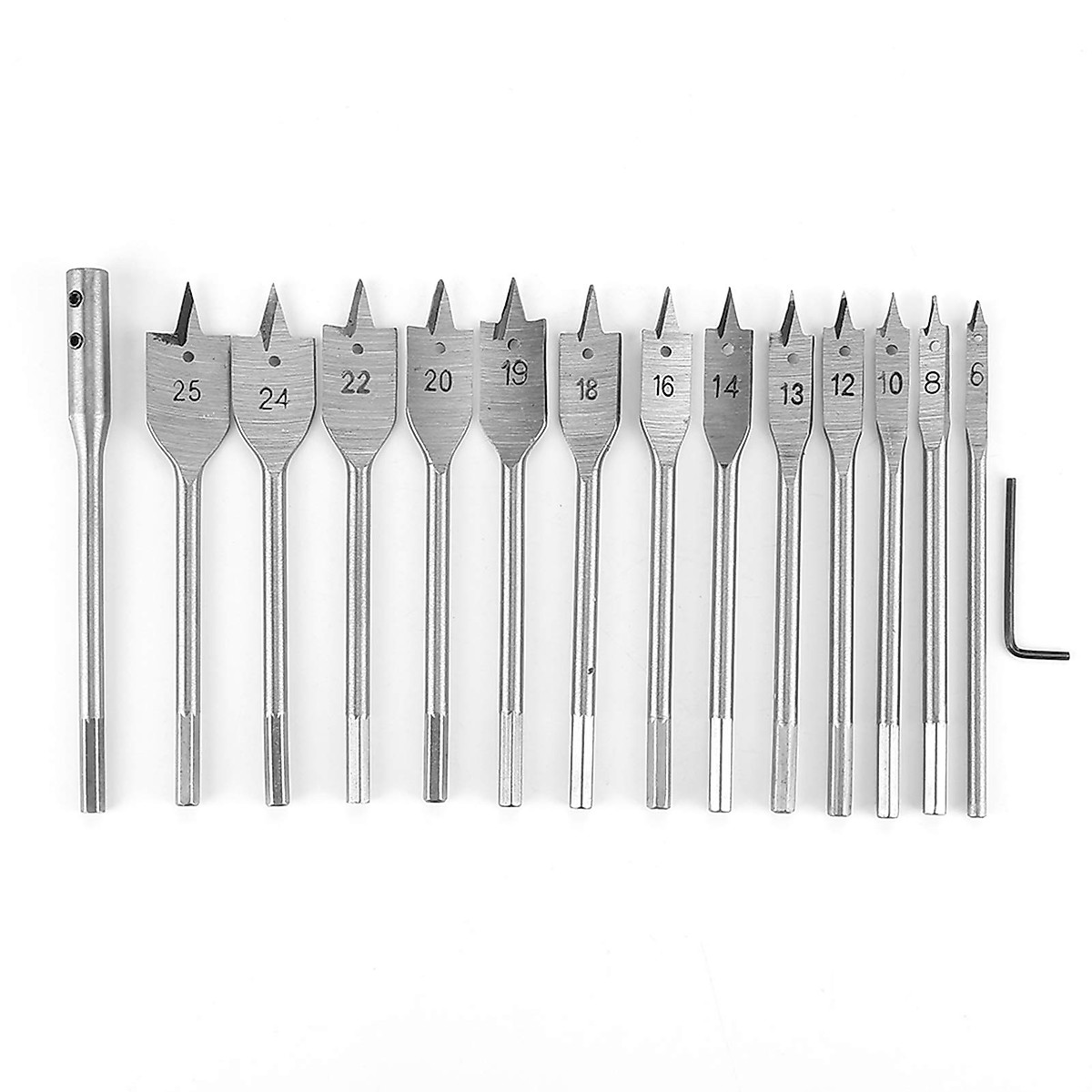 15-Piece Spade Drill Bit Set, 6‑25mm Paddle Flat Bits for Hole Cutter Woodworking, 1/4'' Hex Quick Change Shank Carbon Steel Woodworking Drilling Tools with 6'' Drill Bit Extension