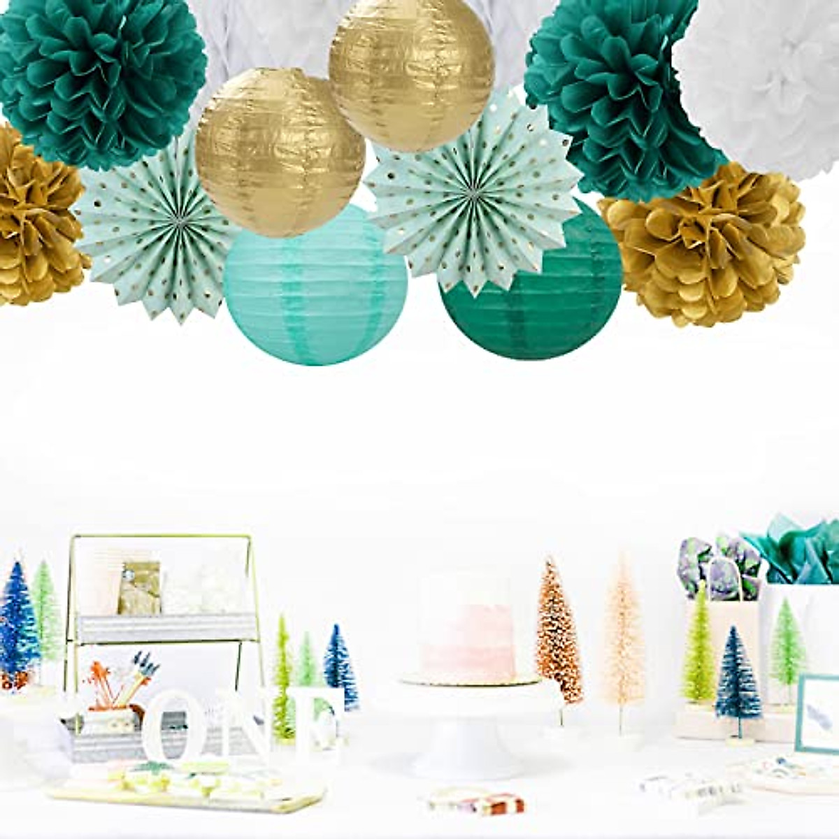 Sage-Green Teal-Gold Baby-Shower Party Decorations - 14pcs Rustic Wedding Paper Lanterns Fan,Tissue Pom Poms Streamers,Honeycomb Balls,Birthday Bachelorette Engagement Bridal Decor Lasting Surprise