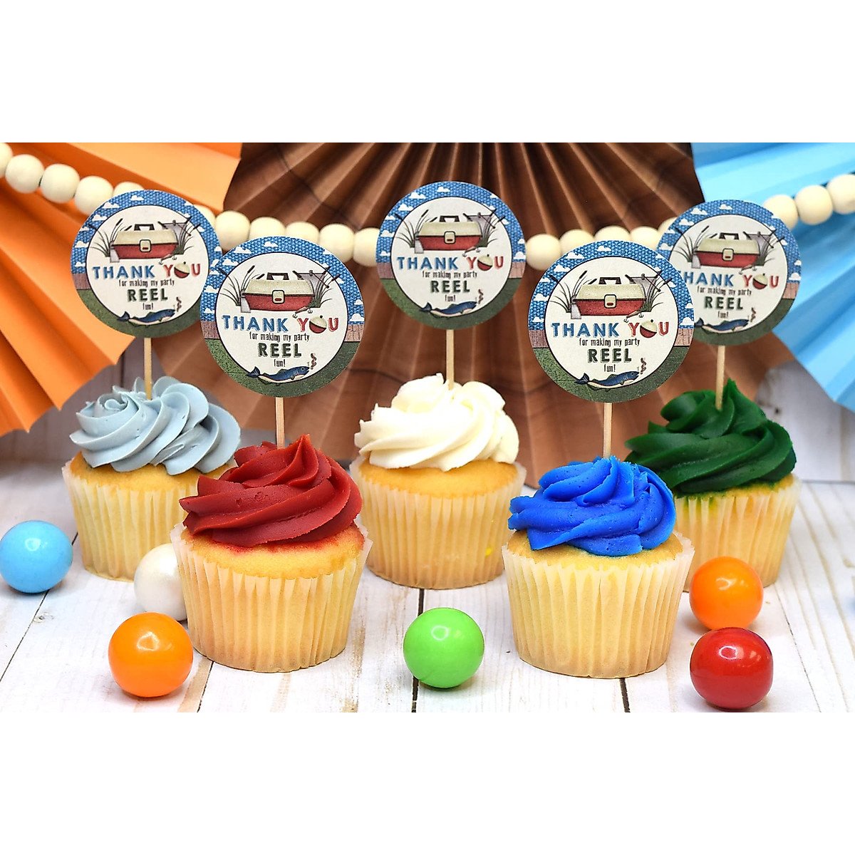 Fishing Thank You Birthday Party Sticker Labels, 40 2" Party Circle Stickers by AmandaCreation, Great for Party Favors, Envelope Seals & Goodie Bags