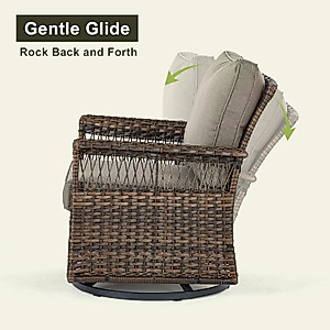 Pugire Outdoor Wicker Patio Furniture Set - 5 Piece Rattan Patio Conversation Sets with 2 Rocking Swivel Chairs,2 Ottomans and 1 Sofa for Porch Deck Garden(Brown/Grey)