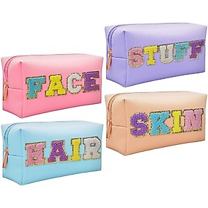 boutikpro 4PCS Premium Preppy Makeup Bag Set, Cute PU Travel Toiletry Bag for Women, Waterproof Preppy Patch Cosmetic Organizer Bag for Traveling Outdoors, Gift Ideal for Christmas Thanksgiving