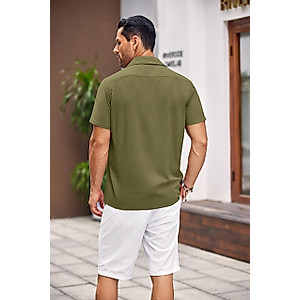 COOFANDY Mens Army Green Linen Button Up Shirts Short Sleeve Summer Button Down Shirt Vacation Collared Shirt (Army Green L)