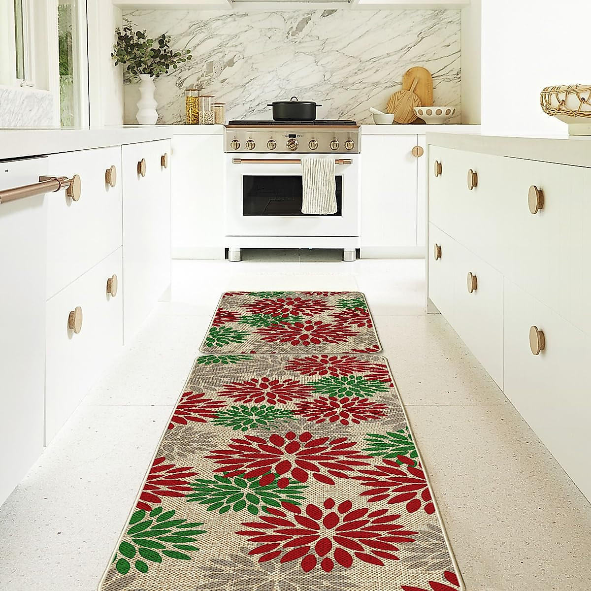 Artoid Mode Red Green Dahlia Floral Boho Christmas Kitchen Mats Set of 2, Winter Home Decor Low-Profile Kitchen Rugs for Floor - 17x29 and 17x47 Inch
