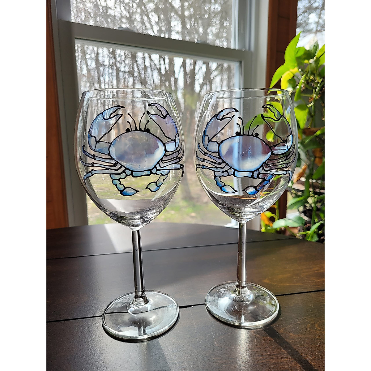 Blue Crab Hand Painted Stained Glass Stemmed Wine Glasses Set of 2