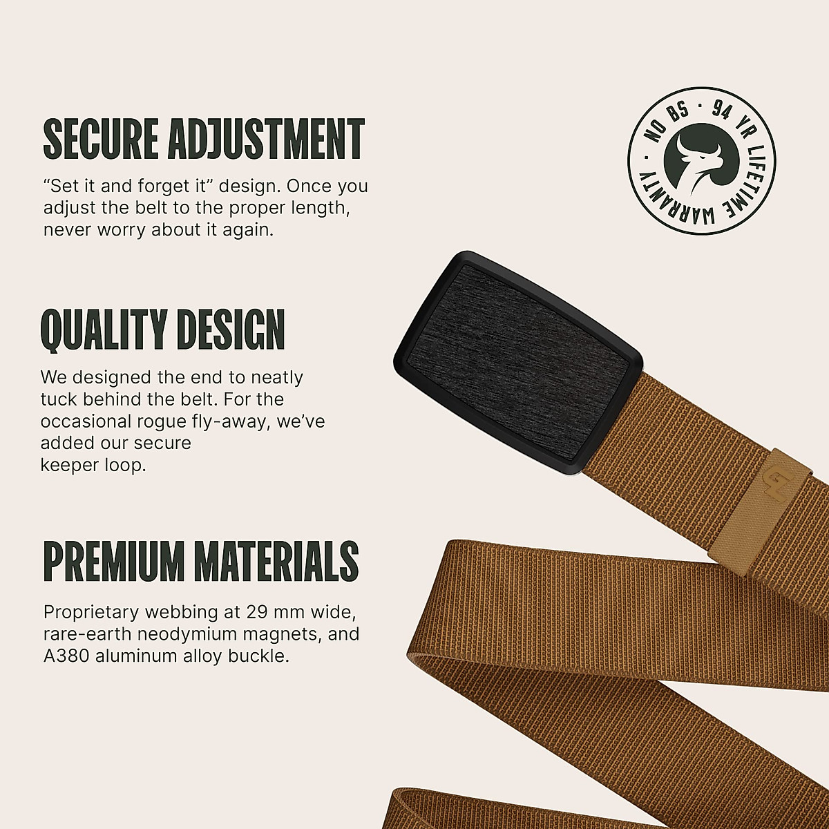 Groove Life Groove Belt Low Profile Midnight/Buck - Men's Stretch Nylon Belt with Magnetic Aluminum Buckle, Lifetime Coverage - Large (37-40")