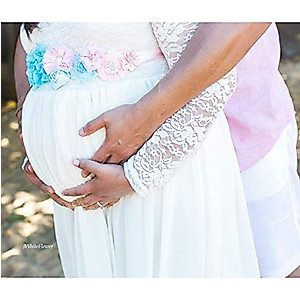 Gender Reveal Maternity Sash - Baby Reveal Pregnancy Sash Keepsake Baby Shower Flower Belly Belt (Pink & Blue)