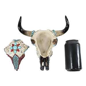 Ebros Gift Western Southwest Steer Bison Buffalo Bull Cow Skull With Mosaic Turquoise and Red Aztec Sun Teardrop Gems Decorative Jewelry Trinket Box Figurine Accent Macabre Ossuary Accent