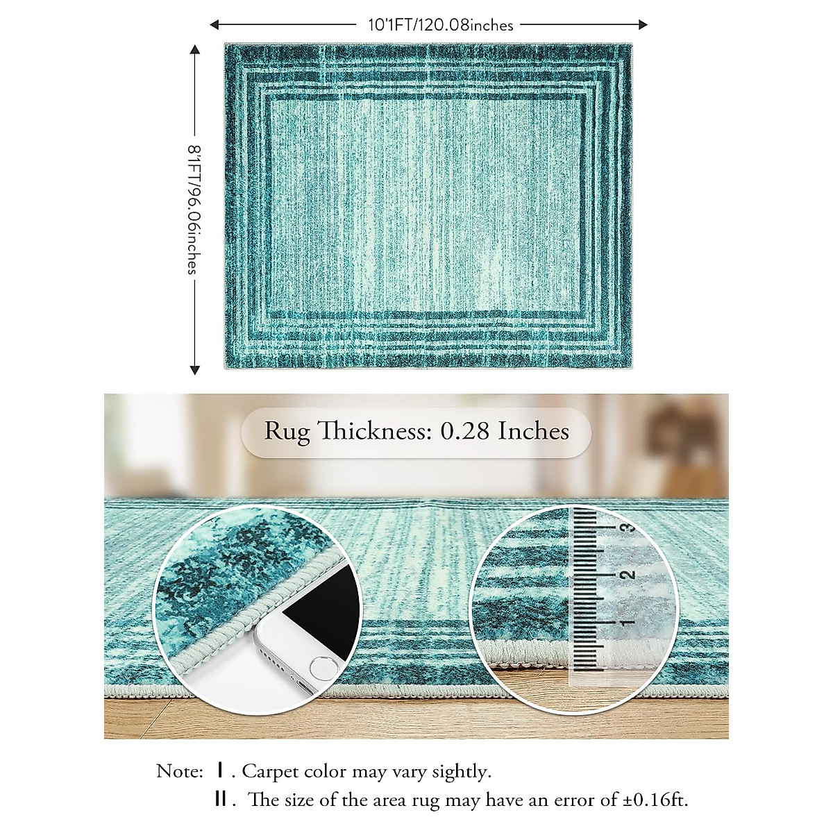 Lahome Abstract Teal Bedroom Rug 8x10,Washable Modern 8x10 Area Rugs for Living Room Non-Slip,Low-Pile Soft Dining Room Carpet Minimalist Bordered Rug Indoor Large