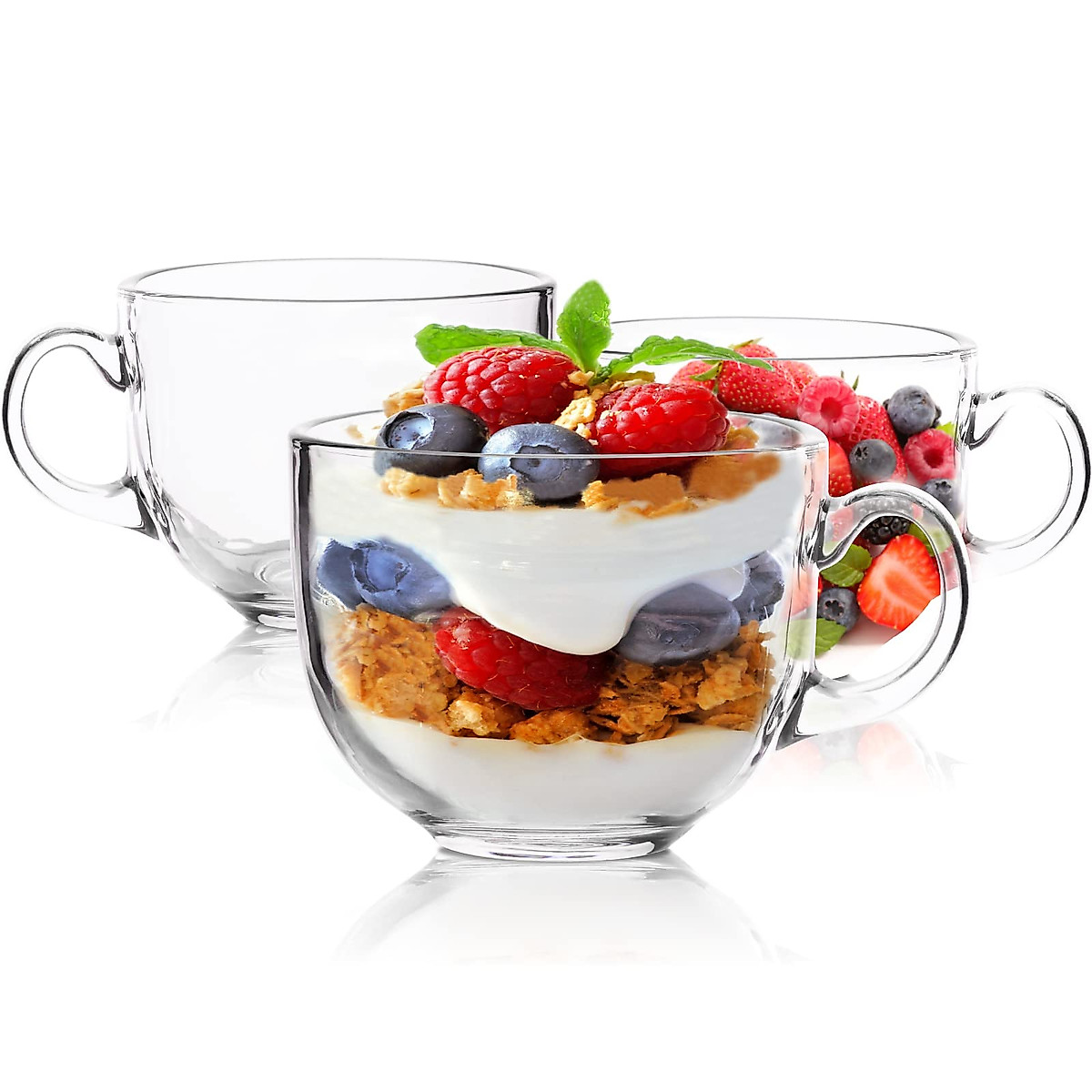 3 Pcs Glass Cereal Bowl Clear Soup Pasta Noodles Salad Bowl with Handle Breakfast Milk Cups Nut Oatmeal Tempered Glass Microwave Safe Liquid Bowl for Snack Ice Cream Coffee,470ML