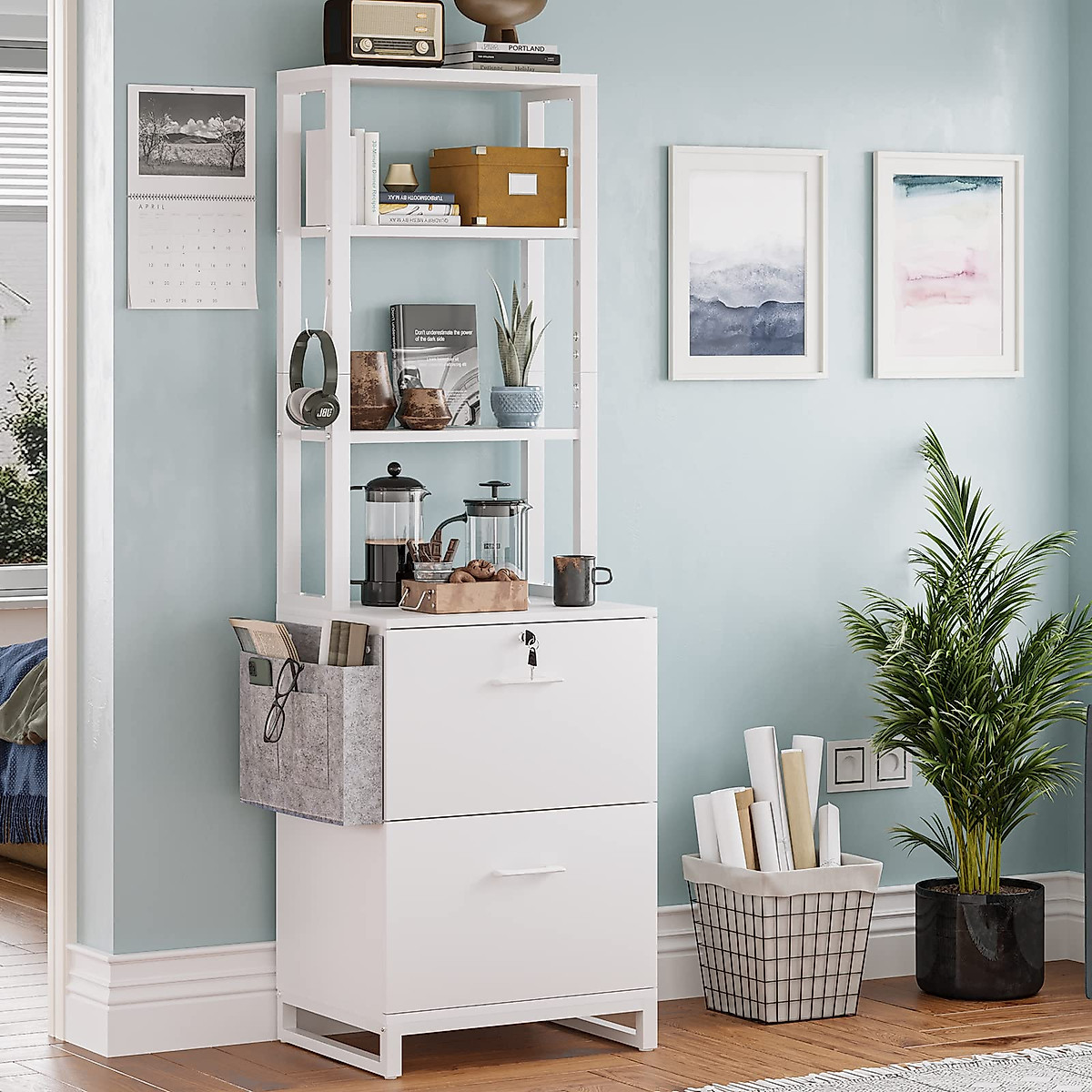 Itaar 2 Drawer File Cabinet, Filing Cabinet with Lock fits Letter, Legal, A4 Size, File Cabinets for Home Office with Storage Bag, Open Shelf and Hook, White